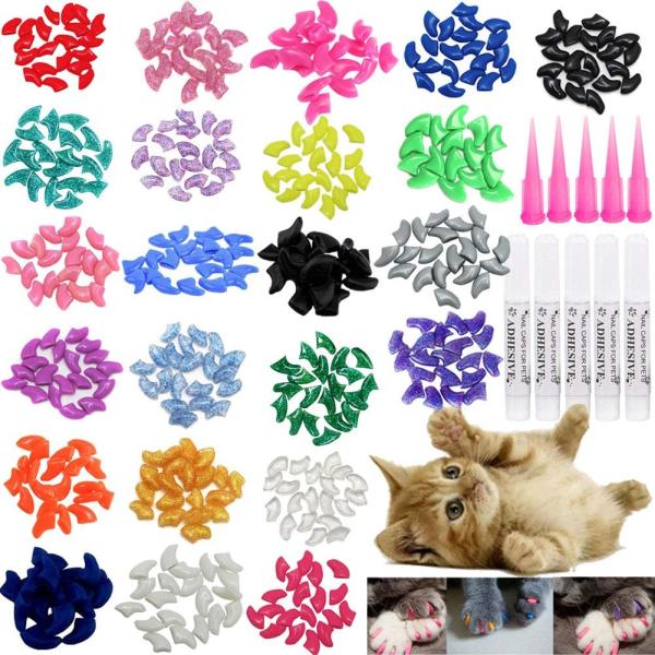 商品名VICTHY 100 PCS Soft Pet Cat Nail Caps Cats Paws Grooming Nail Claws Caps Covers of 5 Kinds 5Pcs Adhesive Glue Medium ...