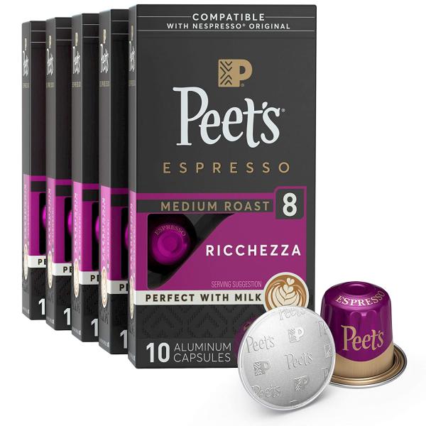 商品名Peet's Coffee, Medium Roast Espresso Pods Compatible with Nespresso Original Machine, Ricchezza Intensity 8, 50 Count...