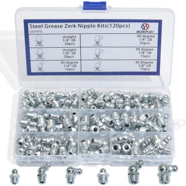 商品名boeray m6 m10ストレート、90度と45度スチールZerkグリースニップル継手詰め合わせキット AM-JG1975Boeray Hydraulic Grease Fitting SAE Standard 120pcs Ass...