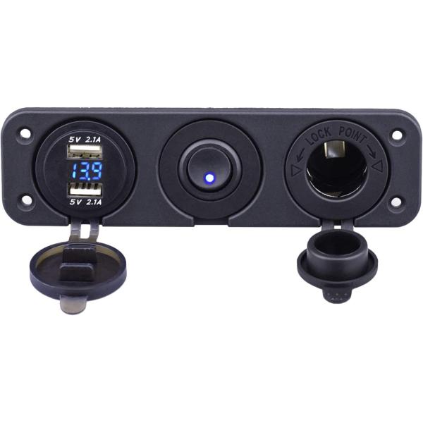 商品名Cllena デュアルUSBソケット充電器 4.2A &amp; LED電圧計 + 12V電源コンセント + オンオフロッカートグルスイッチ 4つの機能パネル 車 マリン ボート RV トラック キャンピングカー 車両用 (ブルー)C...