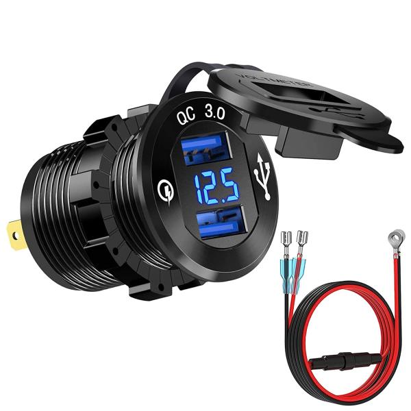 商品名Cllena デュアルクイックチャージ 3.0 USB カーチャージャー ソケット 電源アウトル、電圧計付き 12V/24V 36W 車 マリン ボート RV ATV トラック ゴルフカート用 (ブルー)Cllena Dual Qui...