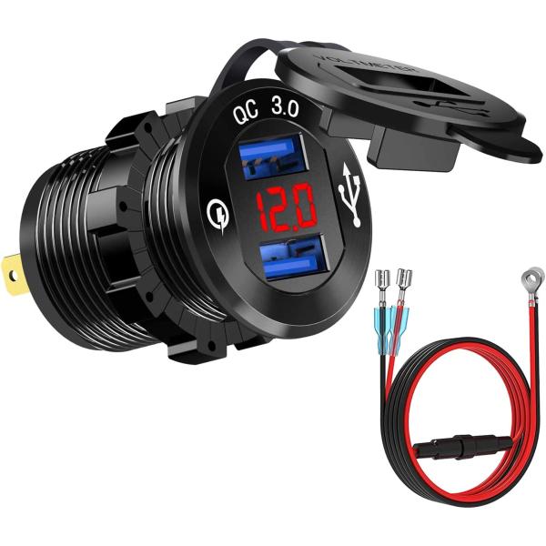 商品名Cllena Quick Charge 3.0 カーチャージャー 12V/24V 36W デュアルQC3.0 USB充電器ソケット電源コンセント LED電圧計付き 車 マリンボート RV UTV トラック ゴルフカートなど用 (レッド...