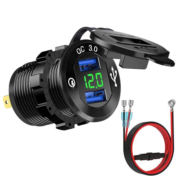商品名Cllena Quick Charge 3.0 カーチャージャー 12V/24V 36W デュアルQC3.0 USB充電器 ソケット電源コンセント LED電圧計付き 車 マリンボート RV UTV トラック ゴルフカートなどに (グリ...