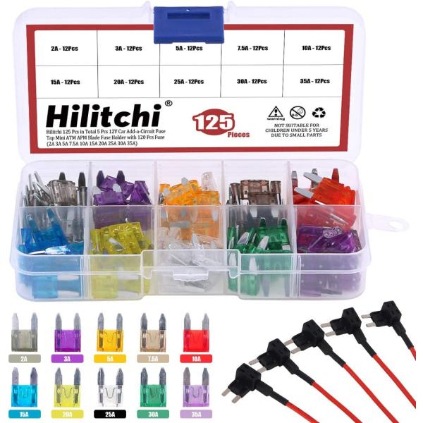 商品名Hilitchi 125 Pcs in Total 5 Pcs 12V Car Add-a-Circuit Fuse Smal Tap ATM APM Blade Fuse Holder with 120 Pcs Fuse (2A 3...