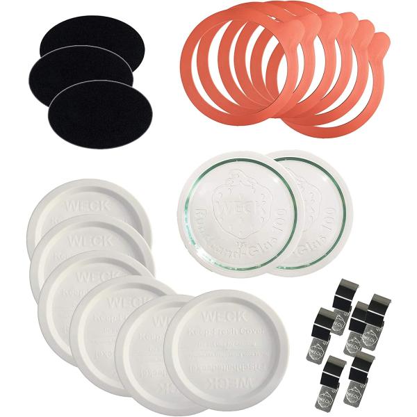 商品名Weck 交換用キット - プラスチック蓋 ガラス蓋 ゴムシール ステンレススチールクランプ ビニール黒板ラベル 100mm (Large)Weck Lid Replacement Kit for Weck Jars (Large)ブ...