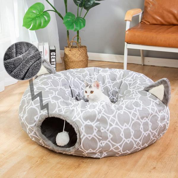 商品名LUCKITTY Geometric Cat Tunnel Bed Oxford Outside with Plush Inside,Cats Toys Collapsible Tunnel Tube with Balls, for ...