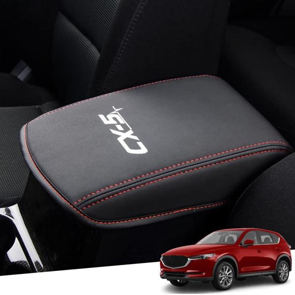 商品名Great luck センターコンソールカバー アームレストパッドプロテクター (ブラックとレッドステッチ) マツダCX-5 2017-2019用Leather Center Console Cover Armrest Pad,Pro...