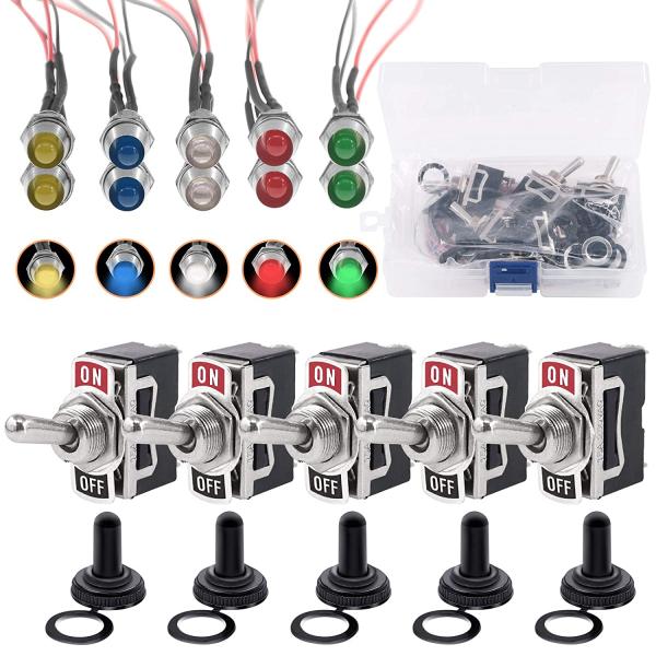 商品名Rustark 5個 高耐久 2ピン オン/オフ 15A 250V 20A 125V ロッカートグルスイッチ ゴム製防水ブーツカバー 10個 12V LEDメタルインジケーター ダッシュライト 自動車アクセサリー 車 トラック ボート...