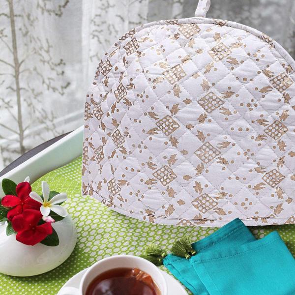 商品名GDONLINE ゴールドオンブレ曼荼羅 ハンドメイド コットンプリント ティーコージー コットン キッチンアクセサリー ホワイトとゴールドカラー ロイヤルティーコージーカバー ホワイトとゴールドケトルティーポットカバー 14x11イ...