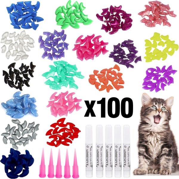 商品名VICTHY 100pcs Cat Nail Caps, Colorful Pet Cat Soft Claws Nail Covers for Cat Claws with Glue and Applicators Mediumブラ...