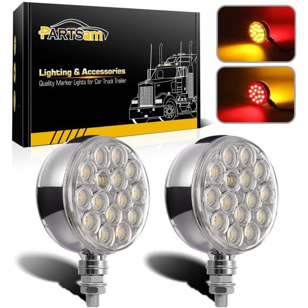 商品名Partsam 2pc 3"" Red/Amber Double Face Chrome Round Pedestal Lights 30 LED Sealed Clear Lens Fender Mount Stop Turn Ta...