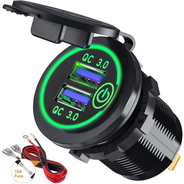 商品名Quick Charge 3.0 デュアルUSBカーチャージャーソケット タッチスイッチ付き 12V/24V 36W QC3.0 デュアルUSB急速充電器ソケット電源コンセント 海、ボート、オートバイ、トラック、ゴルフカート用 グリー...