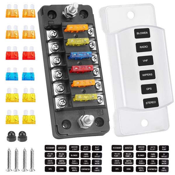 商品名Electop 6ウェイヒューズブロックブレードヒューズボックス マイナスバス付き 6回路ヒューズホルダー ヒューズブロック マイナスバス付き 防水保護カバーステッカーラベル 12V/24V 自動車 トラック ボート マリン RV用E...