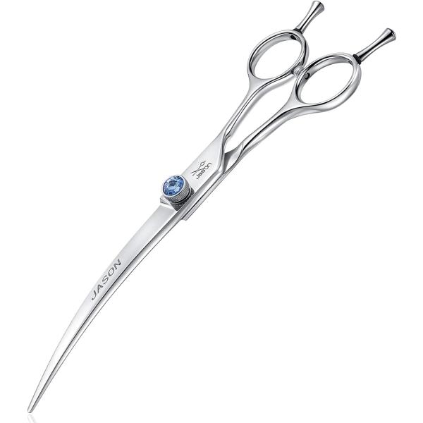 商品名JASON 7"" Curved Dog Grooming Scissors, Ergonomic Pets Cats Trimming Shears with Offset Handle and a Jewelled Screw f...