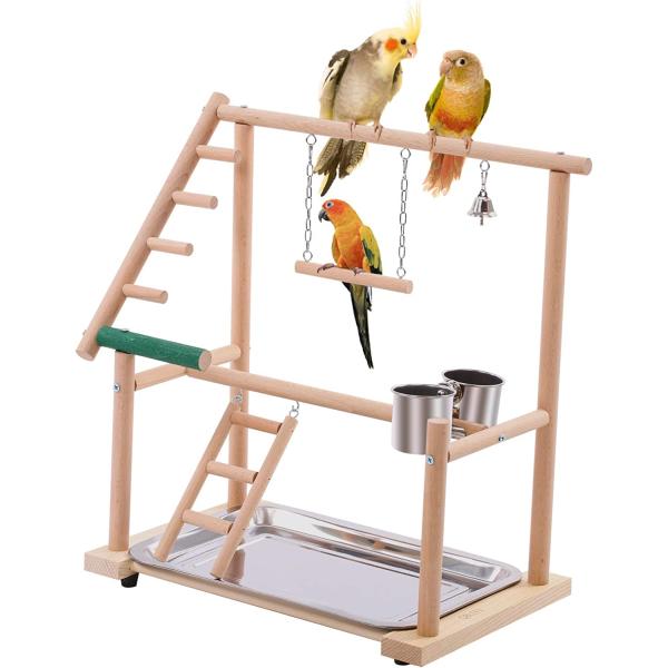 商品名Bird Play Stand Parrots Playground Wooden Stick Perch，Bird Playpen Exercise Gym with Ladder Feeder Cup Bell Swing，Par...