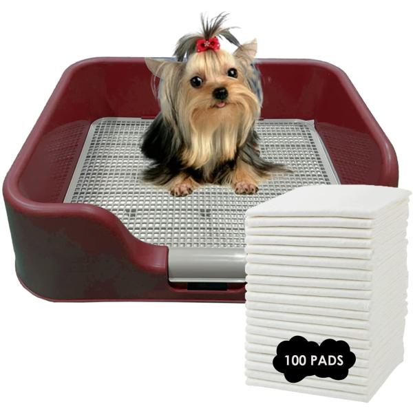 商品名PS KOREA(アプスコリア) 屋内犬用トイレトレイ   保護壁付き 水漏れやこぼれ、事故なし   足をドライに保ち、床を清潔に保ちます (ワイン) + おしっこパッド 100枚PS KOREA] Indoor Dog Potty ...