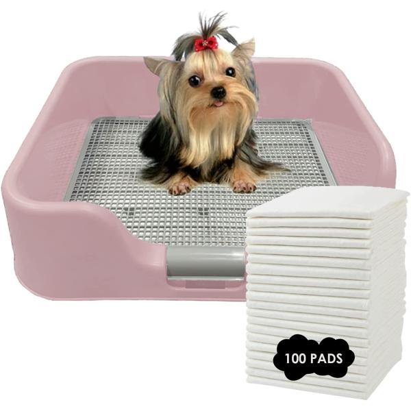 商品名PS KOREA(アプスコリア) 屋内犬用トイレトレイ   保護壁付き 水漏れやこぼれ、事故なし   足をドライに保ち、床を清潔に保ちます (ピンク) + おしっこパッド 100枚PS KOREA] Indoor Dog Potty ...