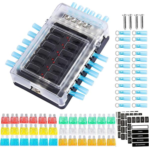 商品名Marine Fuse Block, 12 Way Boat Fuse Panel w/Negative Bus Fuse Box Blade Holder 5A 10A 15A 20A 25A 30A for Vehicle Aut...