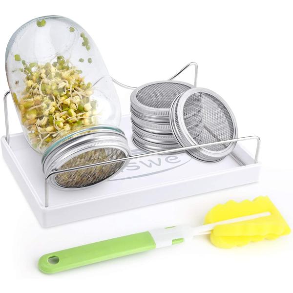 商品名Haswe Seed Sprouting Jar Kit (JARS NOT INCLUDED)- 4 Stainless Steel Screen Sprout Lids，1 Melamine Tray, Stand and Can...