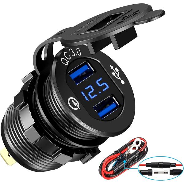 商品名Quick Charge 3.0 デュアルUSB充電器ソケット LEDデジタル電圧計 &amp; ワイヤヒューズDIYキット アルミニウム電源コンセント 高速充電 12V/24V車 ゴルフカート ボート RV オートバイ トラックなど...