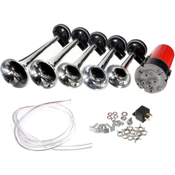 商品名ePathChina 5個 12V 125dB 音楽サウンドエアホーンキット 5つの強力なスーパーラウドトランペットとコンプレッサー付き 12V 車 トラック ボート用 (シルバー)ePathChina 5pcs 12V 125dB ...