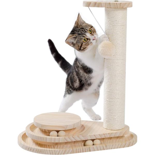 商品名Made4Pets Cat Scratching Post Cat Scratcher Toy Wooden Two-Layer Cat Turntable with Interactive Balls and Dangling Ba...