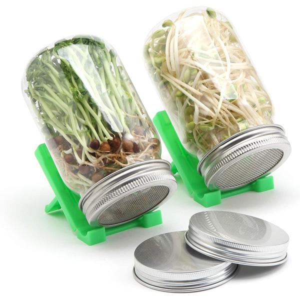 商品名メイソンジャー 発芽キット - プラスチックメイソンジャー 2個 304ステンレススチール 発芽蓋 アルミ密封カバー 折りたたみ式ボトルスタンド 種子芽 発芽器と発芽器セット ホームキッチン用Complete Mason Jar Sp...