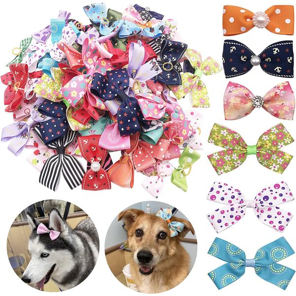 商品名PET SHOW 20Pairs 2"" 3"" 4"" Big Dog Hair Bows with Rubber Band for Small Medium Large Dogs Rhinestone Floral Bowknot...
