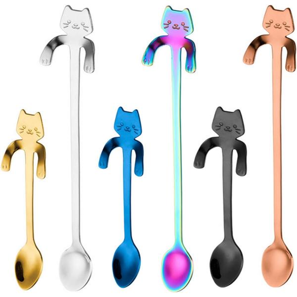商品名：Cat Spoon Coffee Teaspoon, PBIEHSR Stainless Steel Hanging Cup Tea Spoon Two Different Lengths Dessert Scoop for Sti...