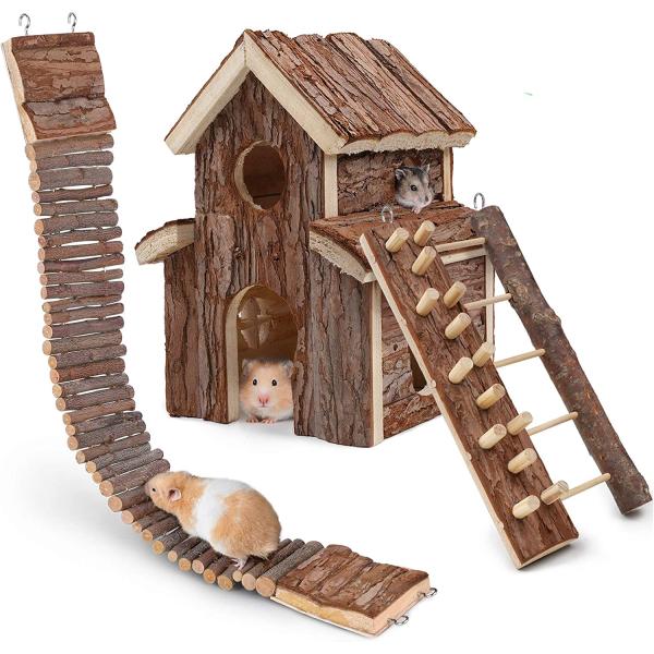 商品名Hamster Toys House 3個パック モルモットのおもちゃ ハムスター クライミング ラダー ブリッジ 天然木製 面白い 遊び おもちゃ 噛む 小動物 ネズミ 隠れ家Hamster Toys House 3 Pack Gu...