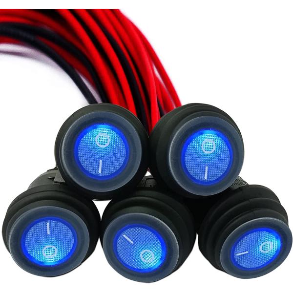 商品名Qidoe 5pcs Waterproof Round Rocker Switch, DC 12V 24V ON/Off Toggle Switch with Blue LED Indicator, SPST 3 Pins with ...
