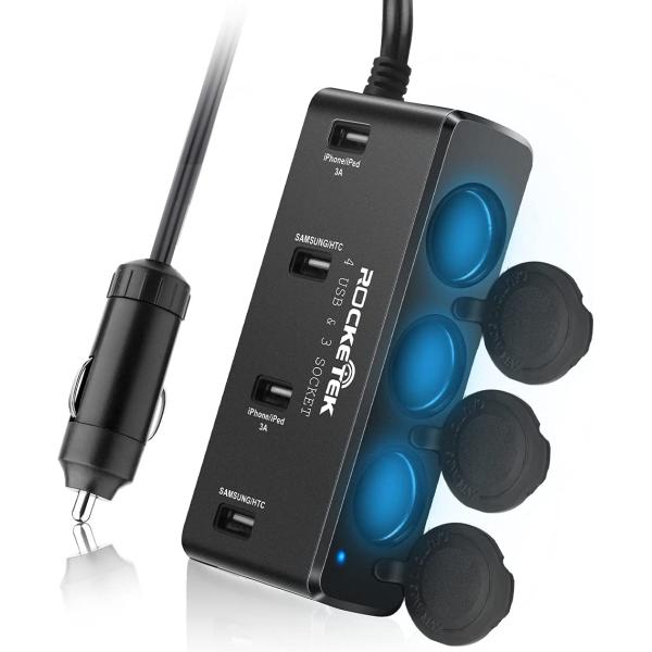 商品名Rocketek 3-Socket Cigarette Lighter Splitter 4 USB Ports(3A) Car Outlet Adapter 12/24V 120W USB Car Charger Adapter M...