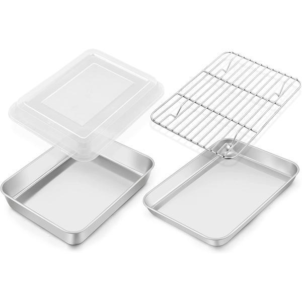 商品名TeamFar トースターオーブンパン 9.3インチ x 7インチ ステンレススチール ミニ長方形調理器具 ベーキングローストケーキパン 冷却ラックと蓋付き 健康で丈夫 深くて見える蓋 食器洗い機対応 4個セットTeamFar Toa...