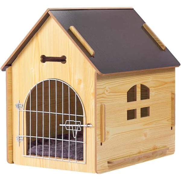 商品名Dreamsoule 犬ハウス 木目調 犬小屋 ペットハウス 猫ハウス 猫ベッド 室内用 ペットベッド 窓あり 寝床 組み立て簡単 小型犬 ネコ用DREAMSOULE Wooden Pet House with Roof for Do...