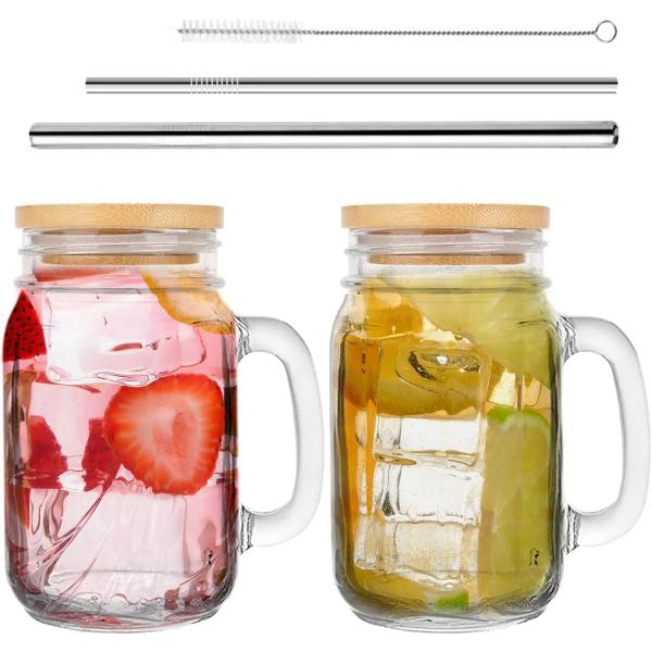 商品名Mason Jar, With Handle, Egular Mouth Mason Jar Cups with Lid and Straws Reusable Set, 2 Pack Mason Jar 16 OZ Drinking...