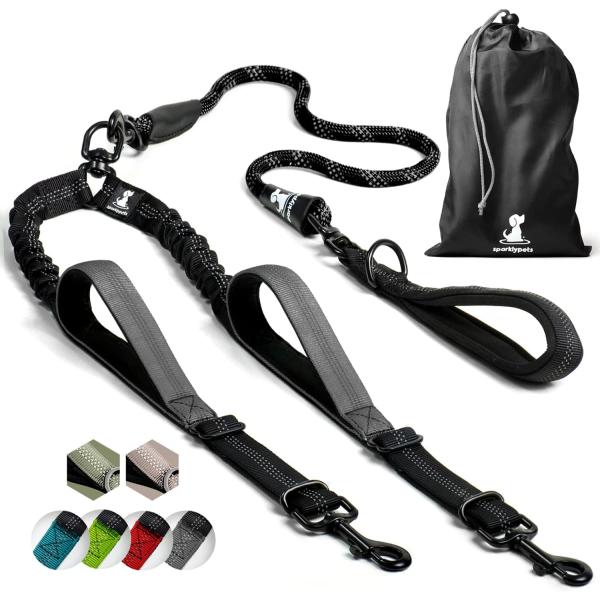 商品名SparklyPets Double Dog Leash for 2 Dogs   Rope Bungee Dual Leash for Medium and Large Dogs with Padded Handles &amp; ...