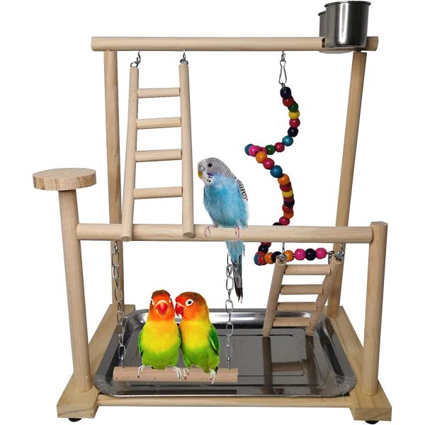 商品名オウムの遊び場 バードプレイジム 木製パーチスタンドカラー 回転クライムラダー スイング噛むおもちゃ インコの餌カップ付き エクササイズアクティビティセンター コニュア オカメインコ ラブバード用 (トレイ付き)Parrots Pla...