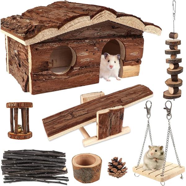 商品名Hamster Chew Toys with Wooden House, 17 Pack Natural Wooden Hideout, Food Bowl, Activity Toys for Hamster, Rats, Gerb...