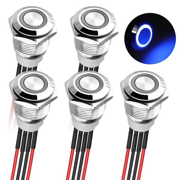 商品名プッシュボタンラッチングスイッチ 5個 12V/24V ラッチングプッシュボタンスイッチ 16mm 4ピン ラウンド防水ステンレススチールシェルプッシュボタンスイッチ ブルーLEDライトとワイヤー付き ボート トラック RV Mari...