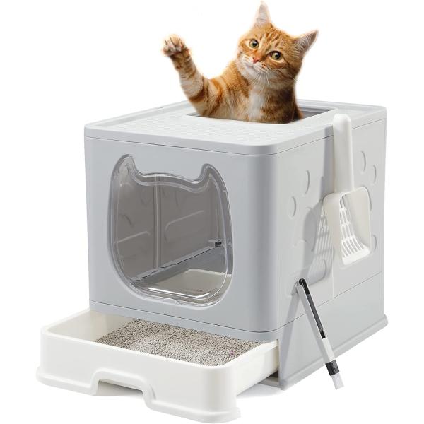 商品名Kitty Litter Box with Lid Foldable Enclosed Kitten Potty with Cover Front Entry and Top Exit Cat Litter Boxes Drawer ...