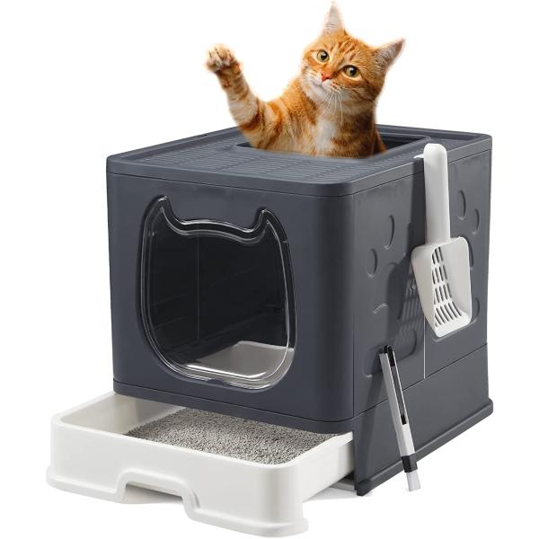 商品名Kitty Litter Box with Lid Foldable Enclosed Kitten Potty with Cover Front Entry and Top Exit Cat Litter Boxes Drawer ...