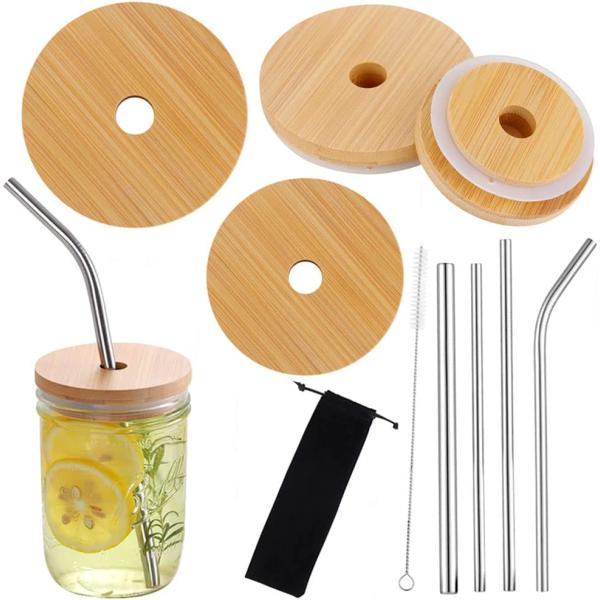 商品名竹製メイソンジャー蓋 ストロー穴付き 86mm広口 70mmレギュラーマウス メイソンジャー 再利用可能な木製メイソンジャー 蓋 ステンレススチールストロー付き クリーニングブラシ付きBamboo Mason Jar Lids wit...