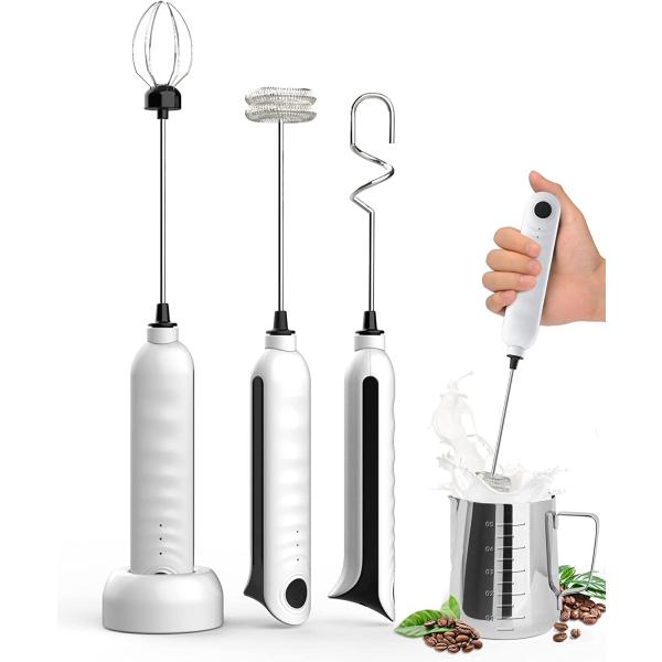 商品名ミルク泡立て器 充電式 ハンドヘルド ステンレス泡立て器3本付き K3速調整可能Milk Frother Handheld, USB Rechargeable Milk Foam Maker with 3 Stainless Whis...