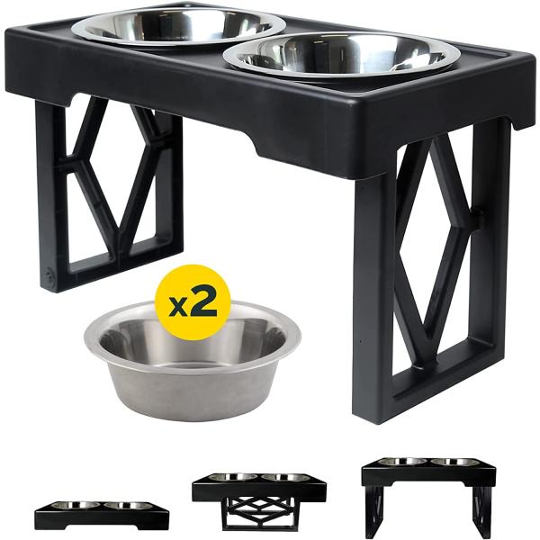商品名Pet Zone Designer Diner バンドル 調節可能 高架ドッグボウル 大型犬/中型/小型用 - 盛り上がったドッグボウルスタンド 4つのドッグフードボウル 食品と水用 ステンレススチール 高さ3つ 2.75インチ 8イ...