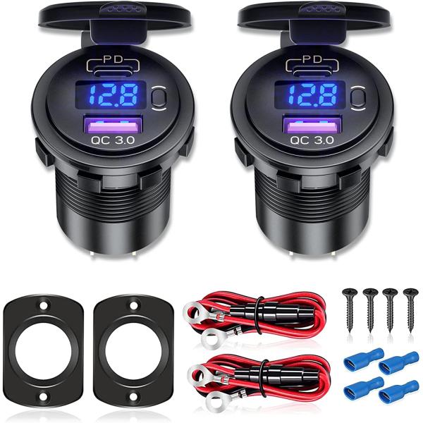 商品名USB C カーチャージャーソケット 2パック 48W 12V/24V Type-C PD3.0&amp;QC3.0 USBコンセント LED電圧計とオン/オフスイッチ付き 12V/24V車 ボート マリン RV トラック ゴルフ オ...