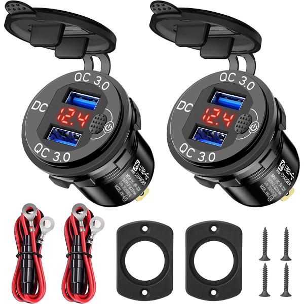 商品名12V USBコンセント 2個 クイックチャージ 3.0 デュアルUSB電源コンセント オンオフスイッチ付き 防水 12V/24V 急速充電 USB充電ソケット 電圧計付き 車 ボート マリン トラック ゴルフ RV オートバイ用 (...