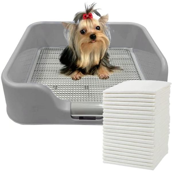 商品名[DogCharge] 屋内犬用トイレトレイ   保護壁付き 漏れ、こぼれ、事故なし   足をドライに保ち、床を清潔に保ちます (トレイ+パッド、グレー)[DogCharge] Indoor Dog Potty Tray   with...