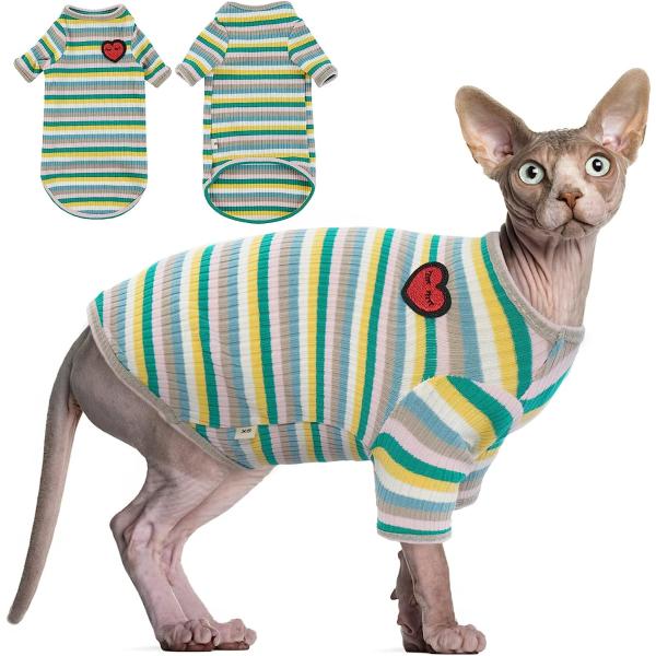 商品名Bonaweite Sphynx Hairless Cats Shirt, Cornish Rex Kitten Rainbow Stripe T-Shirts with Sleeves, Breathable Cat Wear Tu...