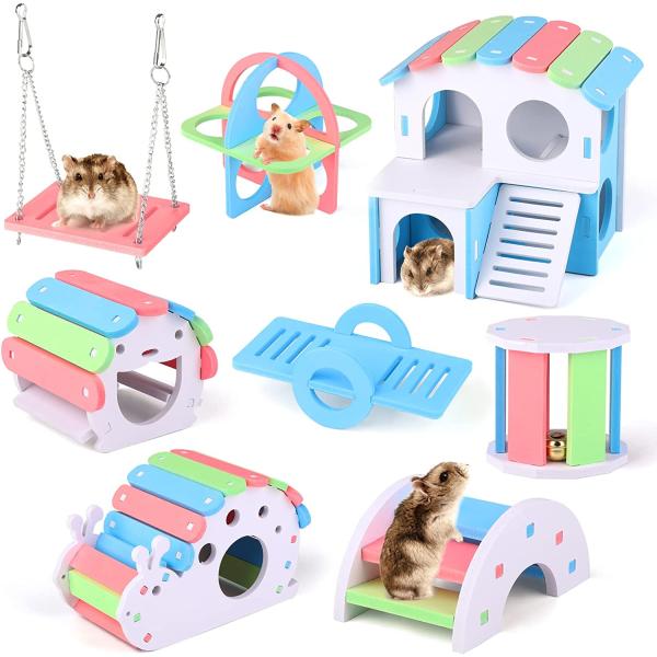 商品名Tiibot 8 Pieces Fun Hamster Toys DIY Wooden Gerbil Hideout Include Swing Seesaw Rainbow Villa Bear's Nest Fitness Cir...