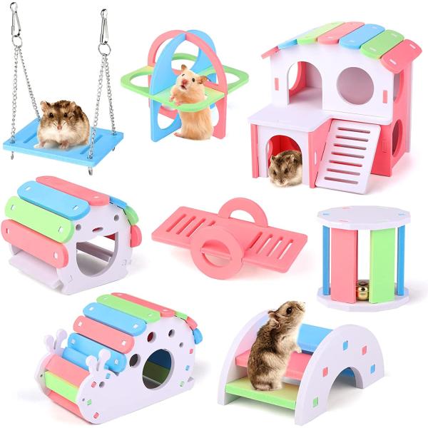商品名Tiibot 8 Pieces Fun Hamster Toys DIY Wooden Gerbil Hideout Include Swing Seesaw Rainbow Villa Bear's Nest Fitness Cir...